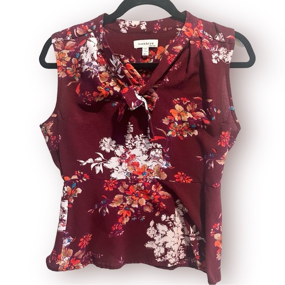 Monteau | Tops | Monteau V Neck Tie Top Peplum Top Blouse Maroon Floral ...